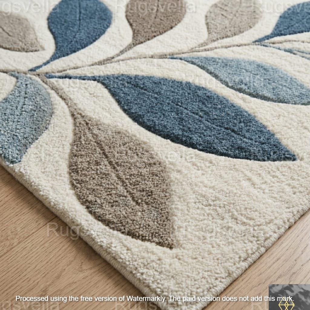 Hand Tufted Wool Rug, Modern Leaf Pattern Rug, Neutral Blue Beige Area ...