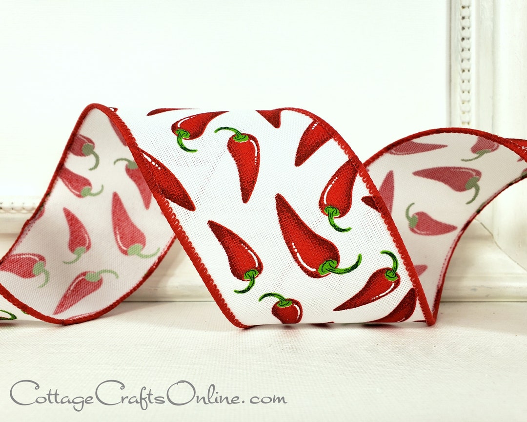 Wired Ribbon, 2.5", Red Chili Peppers on White Linen Look With Red Edge ...