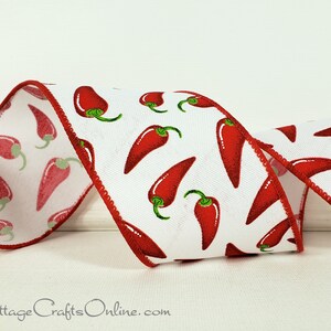 Wired Ribbon, 2.5", Red Chili Peppers on White Linen Look With Red Edge ...