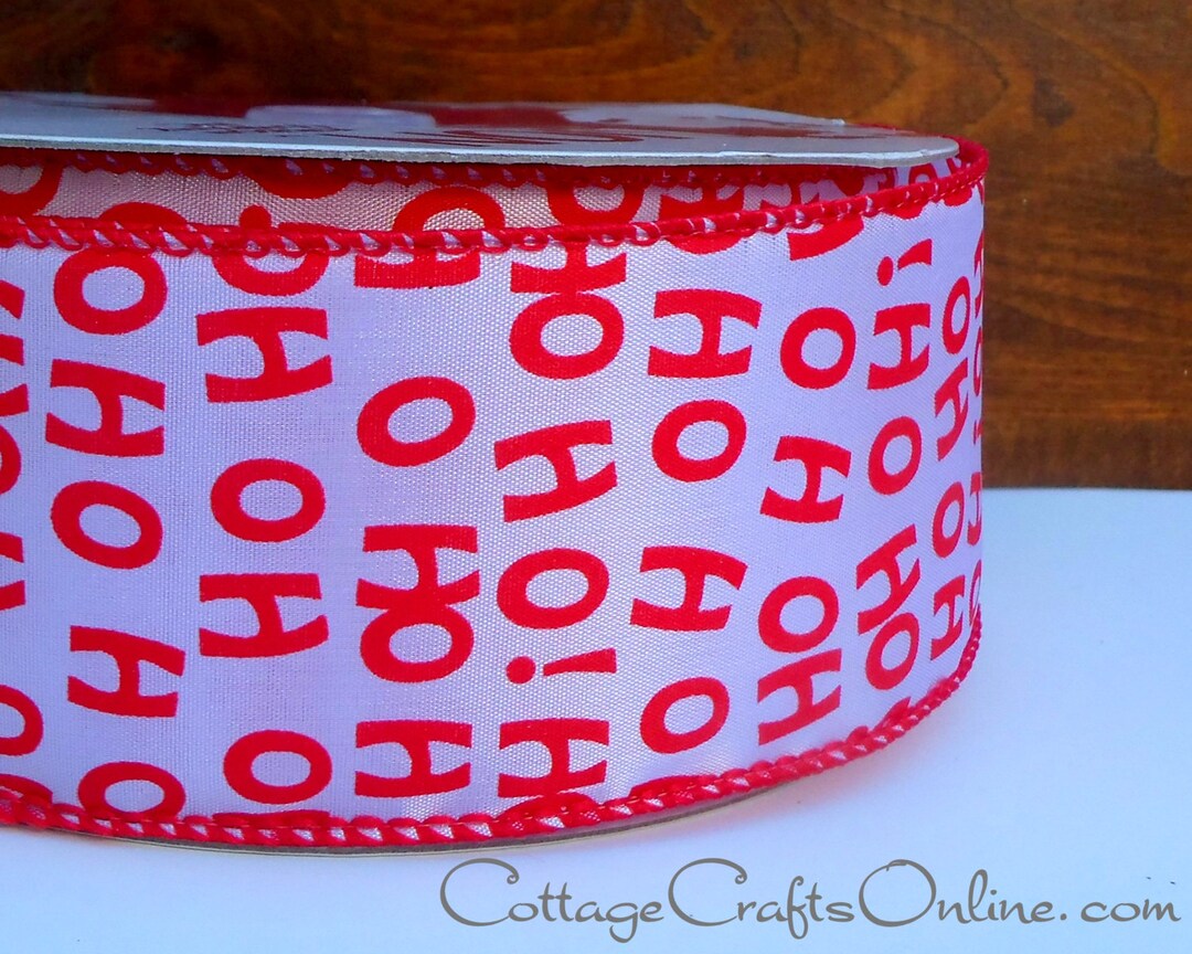 Christmas Wired Ribbon, 2 1/2 Wide, Red ho Ho Ho Print, White Satin ...