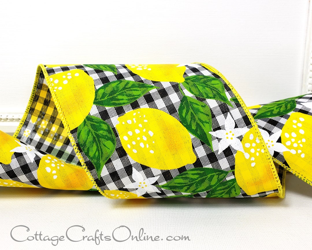 Yellow Lemon Print Wired Ribbon, 4 Wide, on Black and White Gingham ...