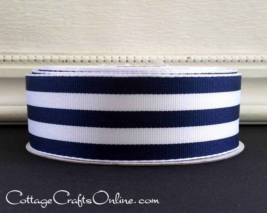 Wired Ribbon, 1 1/2" , Navy Blue and White Stripe - TWENTY FIVE YARD ...