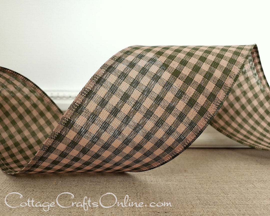 Fall Wired Ribbon, 2.5" Wide Moss Green and Tan Gingham Check ~ TEN ...