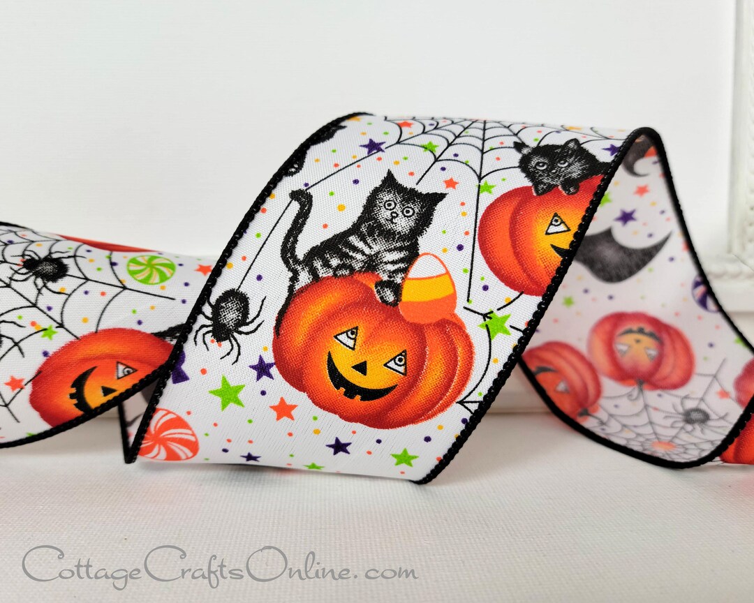 Halloween Wired Ribbon, 2.5" Black Cat, Owls, Pumpkins - TEN YARD ROLL ...