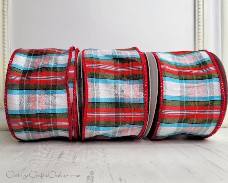 Christmas Wired Ribbon, 2.5", Red, Green, Blue, White Faux Dupioni ...