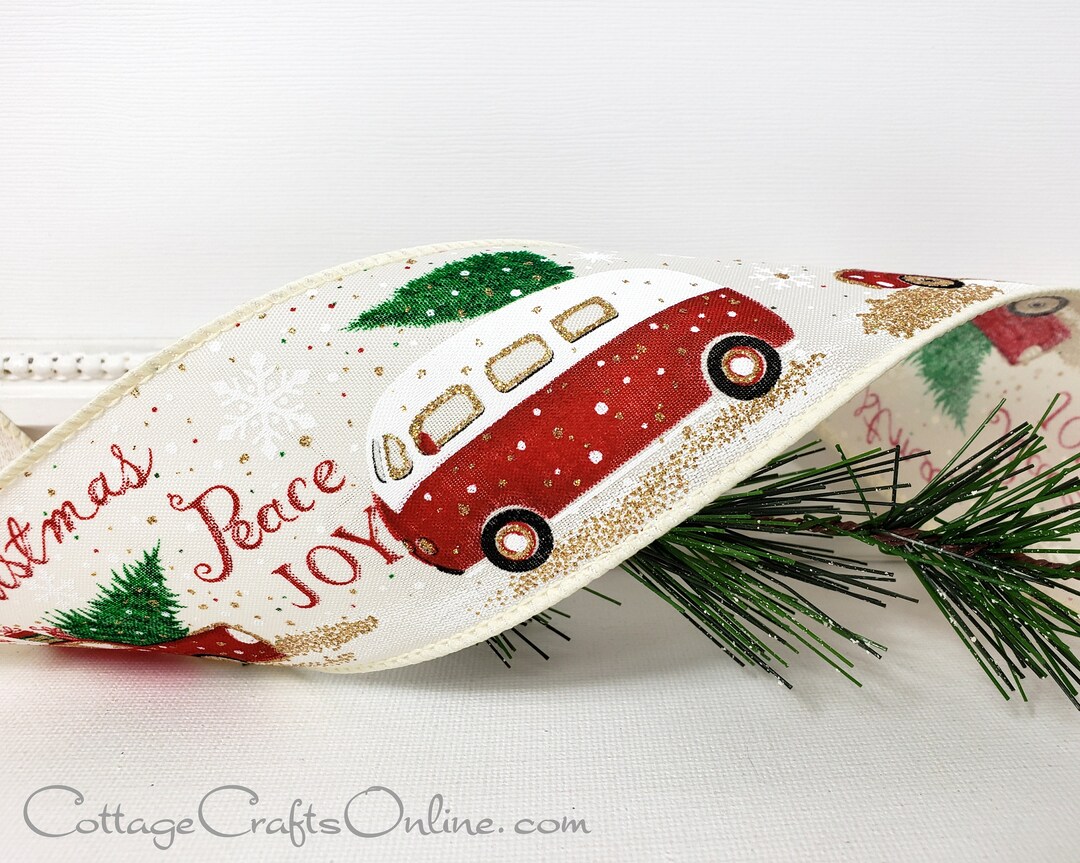 Christmas Wired Ribbon, 2 1/2, Red Van, Truck, Merry Christmas, Tree ...