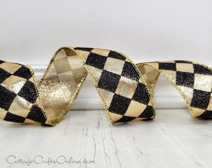 Wired Ribbon, 1.5" Wide, Metallic Black and Gold Harlequin - TEN YARD ...
