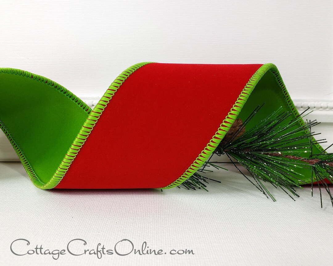 Christmas Wired Ribbon, 2.5" Red Velvet With Lime Green Back - TEN YARD ...
