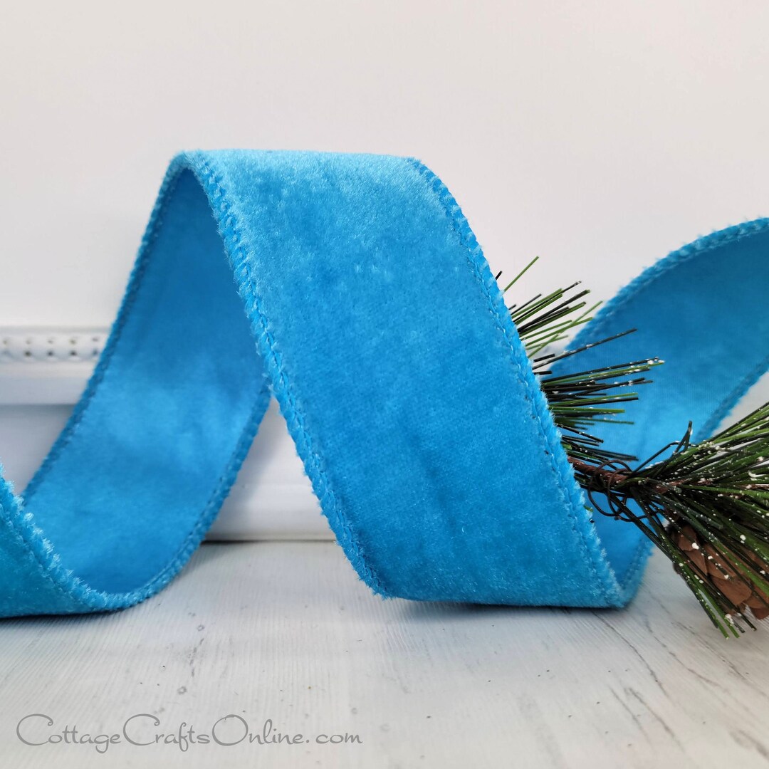 Christmas Wired Ribbon, 1.5" Wide, Turquoise Blue Velvet, Satin Back ...