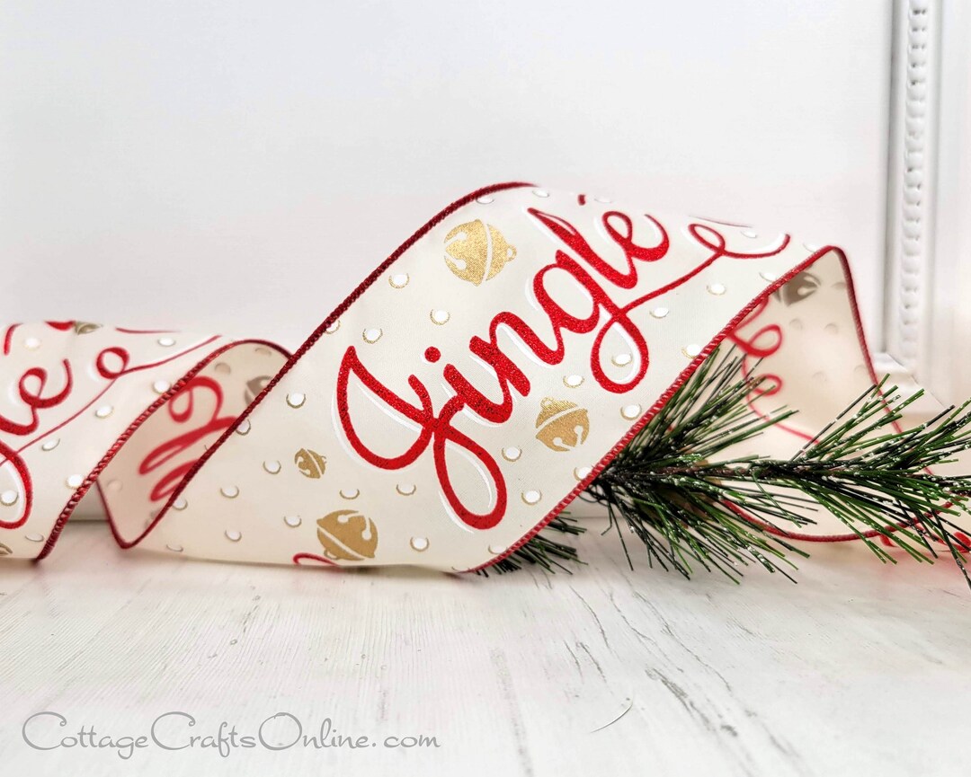 Christmas Wired Ribbon 2.5, Jingle Bells Script TEN YARD Roll Red and ...