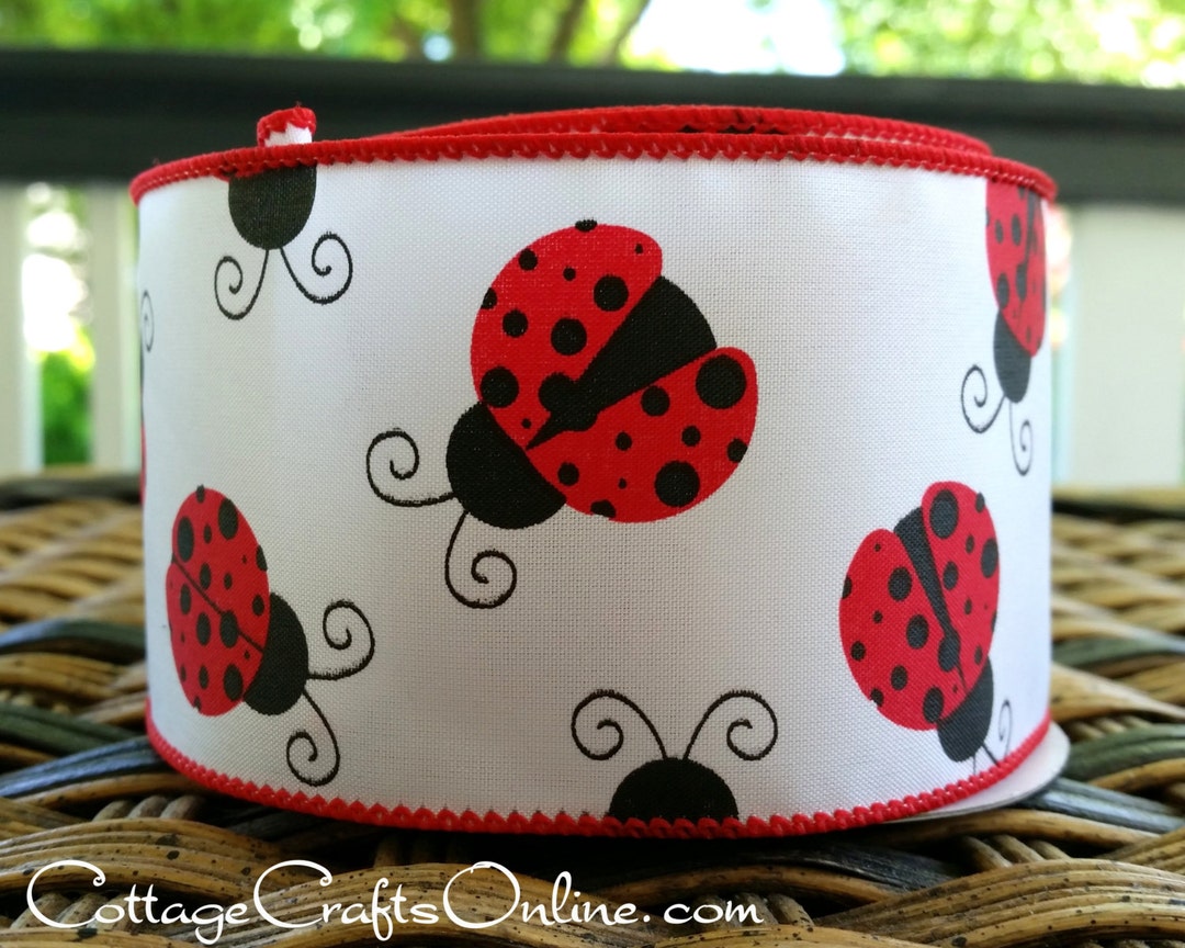 Wired Ribbon 2.5" Wide, Red Lady Bugs on White Satin - TEN YARD ROLL ...