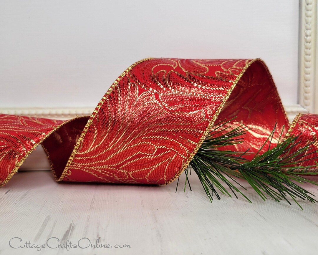 Christmas Wired Ribbon, Red and Gold Jacquard, Ten Yard Roll ~ Plaza - Etsy