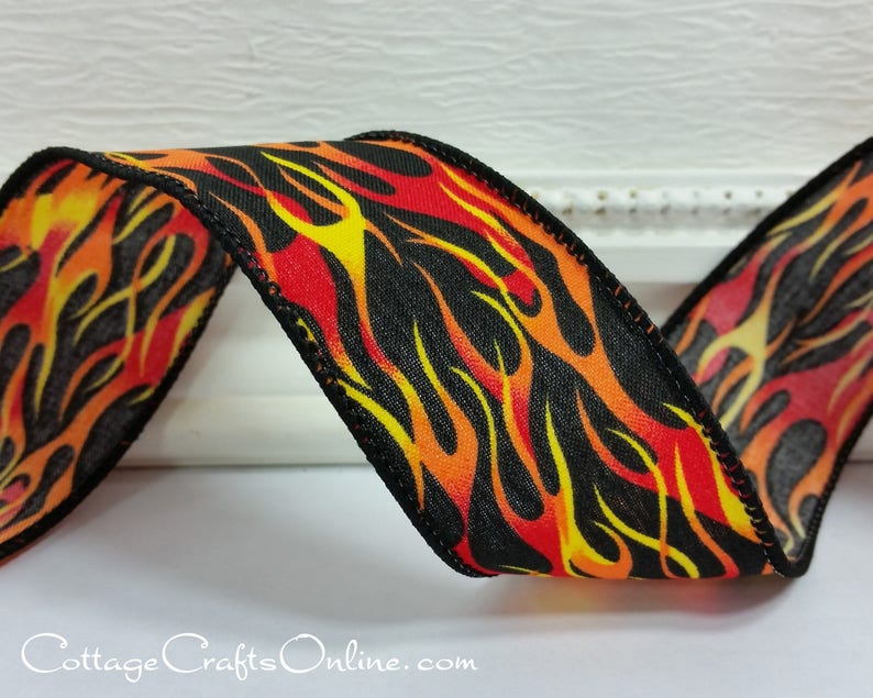 Wired Ribbon 1 1/2 Red Orange Yellow Flames Print on | Etsy