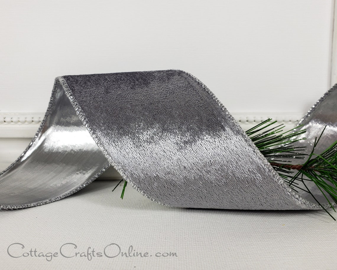 Christmas Wired Ribbon 2.5 Silver Grey Velvet | Etsy