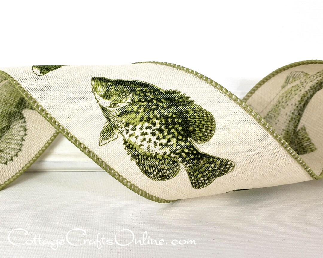 Wired Ribbon, 2.5" Wide, Green Fish Print on Cream - TEN YARD ROLL ...