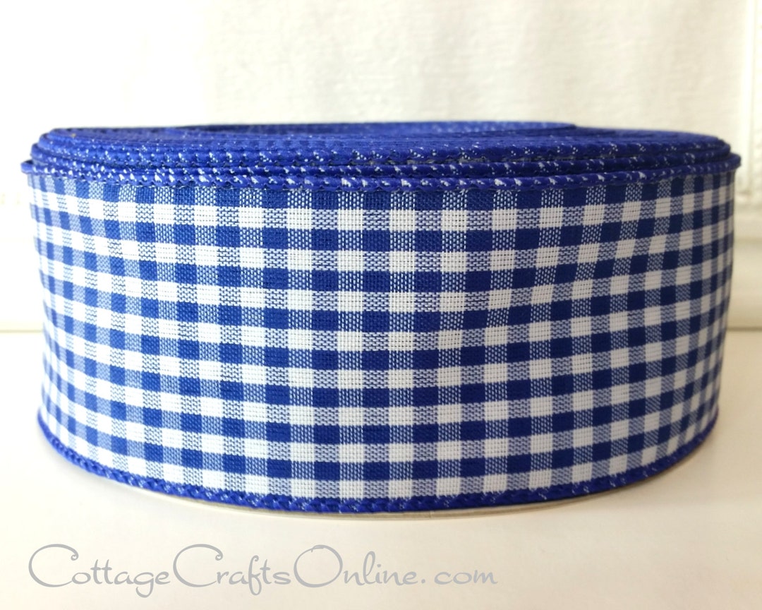 Wired Ribbon, 2.5" X Fifty Yard Roll, Navy Blue and White Gingham Check ...