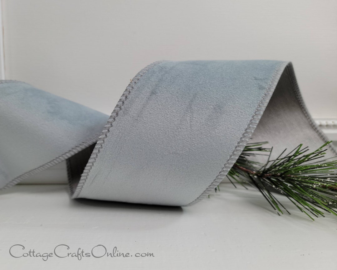 Christmas Wired Ribbon, 2.5" Pale Blue Grey Velvet, Taffeta Back - TEN ...