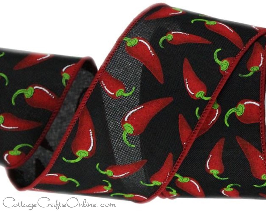 Wired Ribbon, 2.5" Wide, Red Chili Peppers on Black Linen Look With Red ...