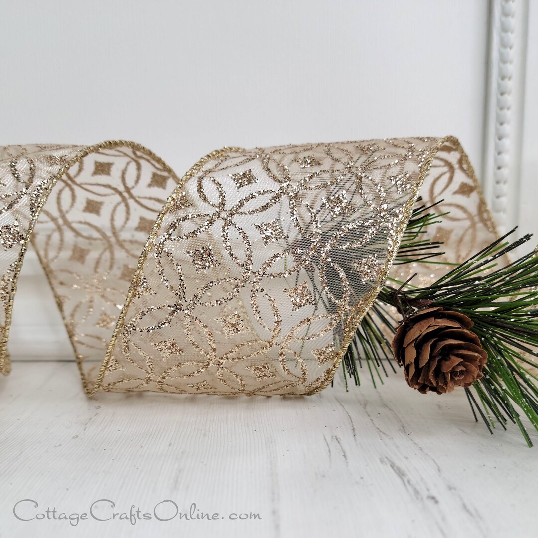Wired Ribbon, 2.5", Champagne Gold Sheer Glitter Circle and Diamond ...