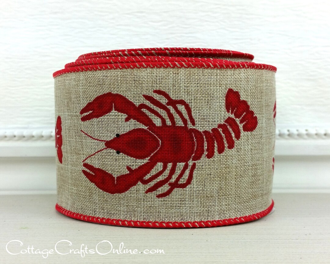 Wired Ribbon, 2.5" Red Crawfish on Tan Faux Linen - TEN YARD ROLL ...