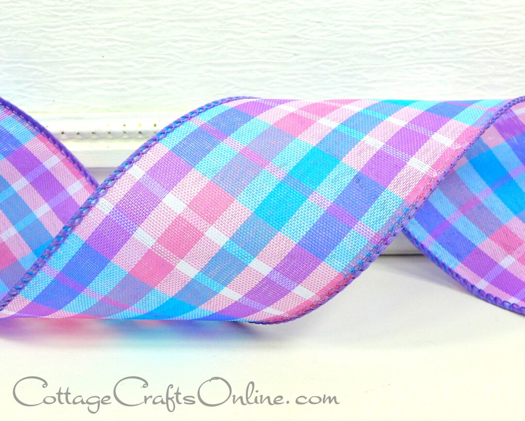 SEVEN YARDS, Wired Ribbon, 2.5 Inches Wide, Blue, Pink, Lavender Plaid ...