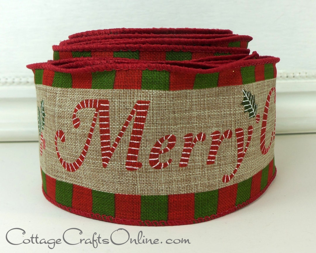 Merry Christmas Print Wired Ribbon, 2.5" Wide, Tan Heather, Red & Green ...