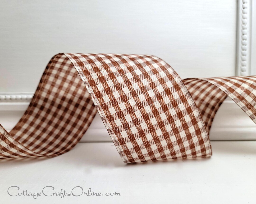 Fall Wired Ribbon, 2.5", Brown, Ivory Gingham Check ~ TEN YARD ROLL ...