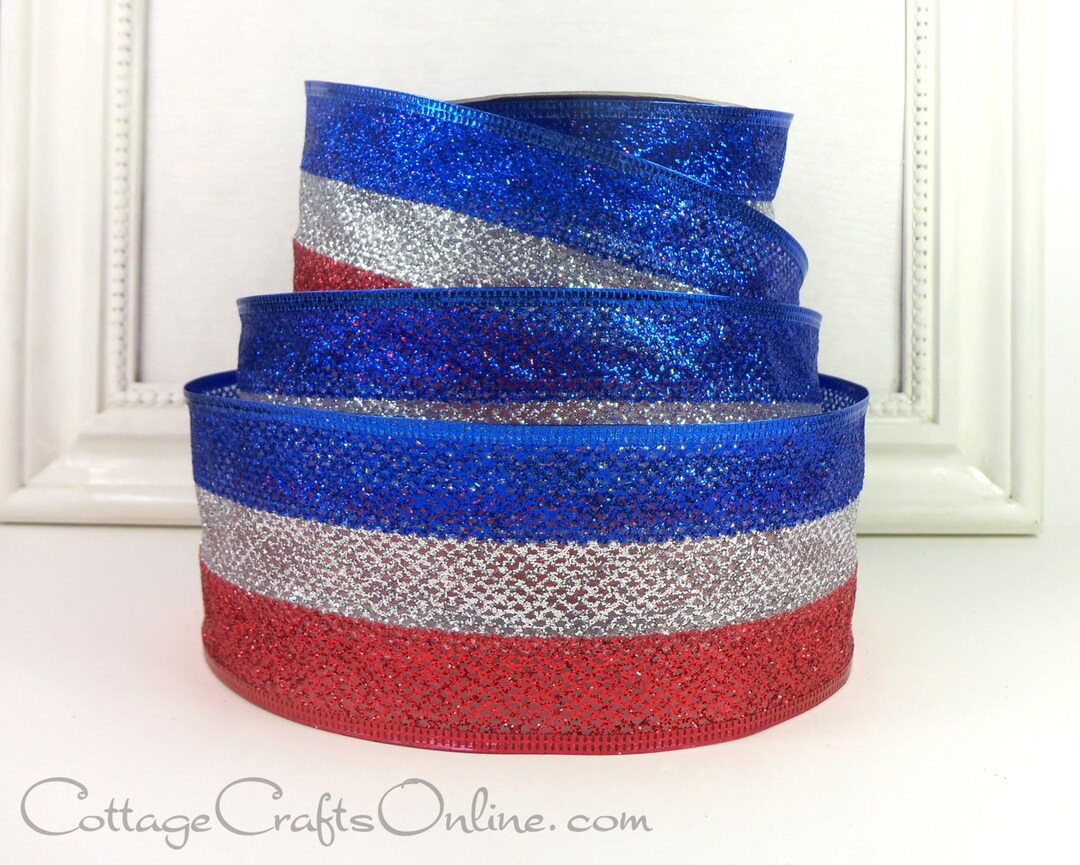 THREE YARDS, Wired Ribbon, 2.5", Red, Blue, Silver Metallic Glitter ...