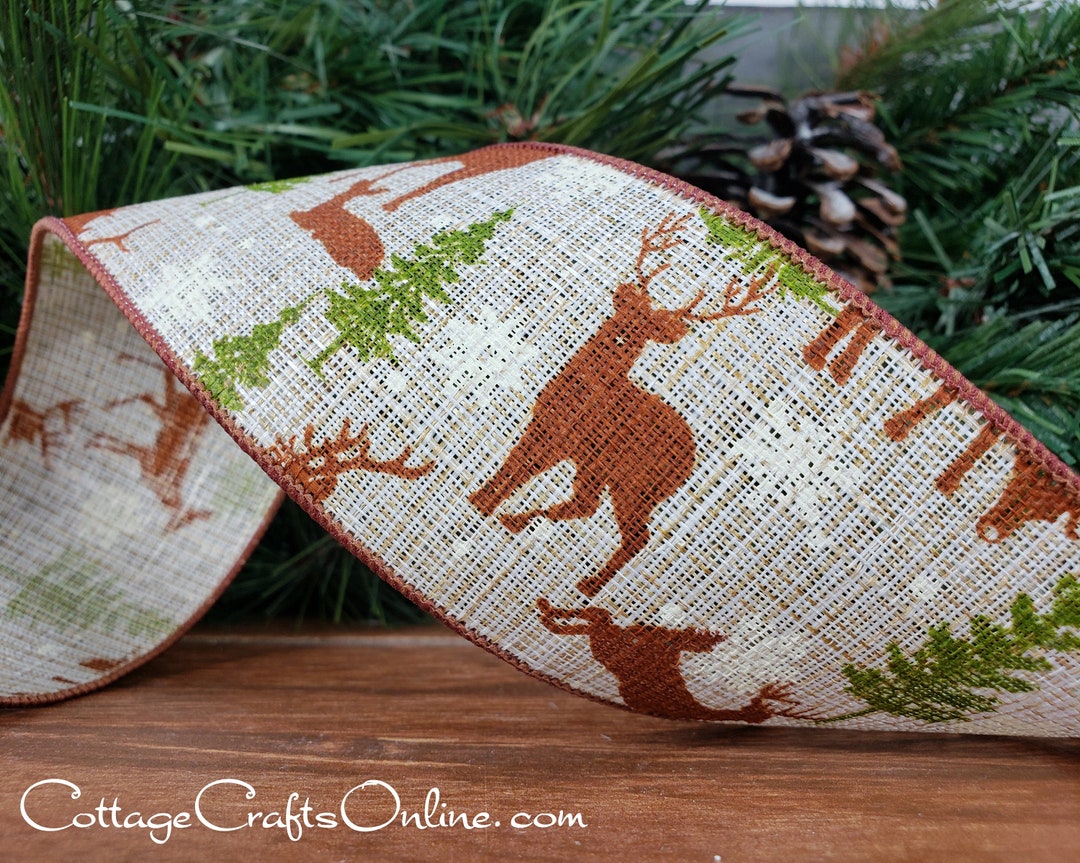 Christmas Wired Ribbon, 2.5", Brown Deer, Evergreen Tree Print on Faux ...