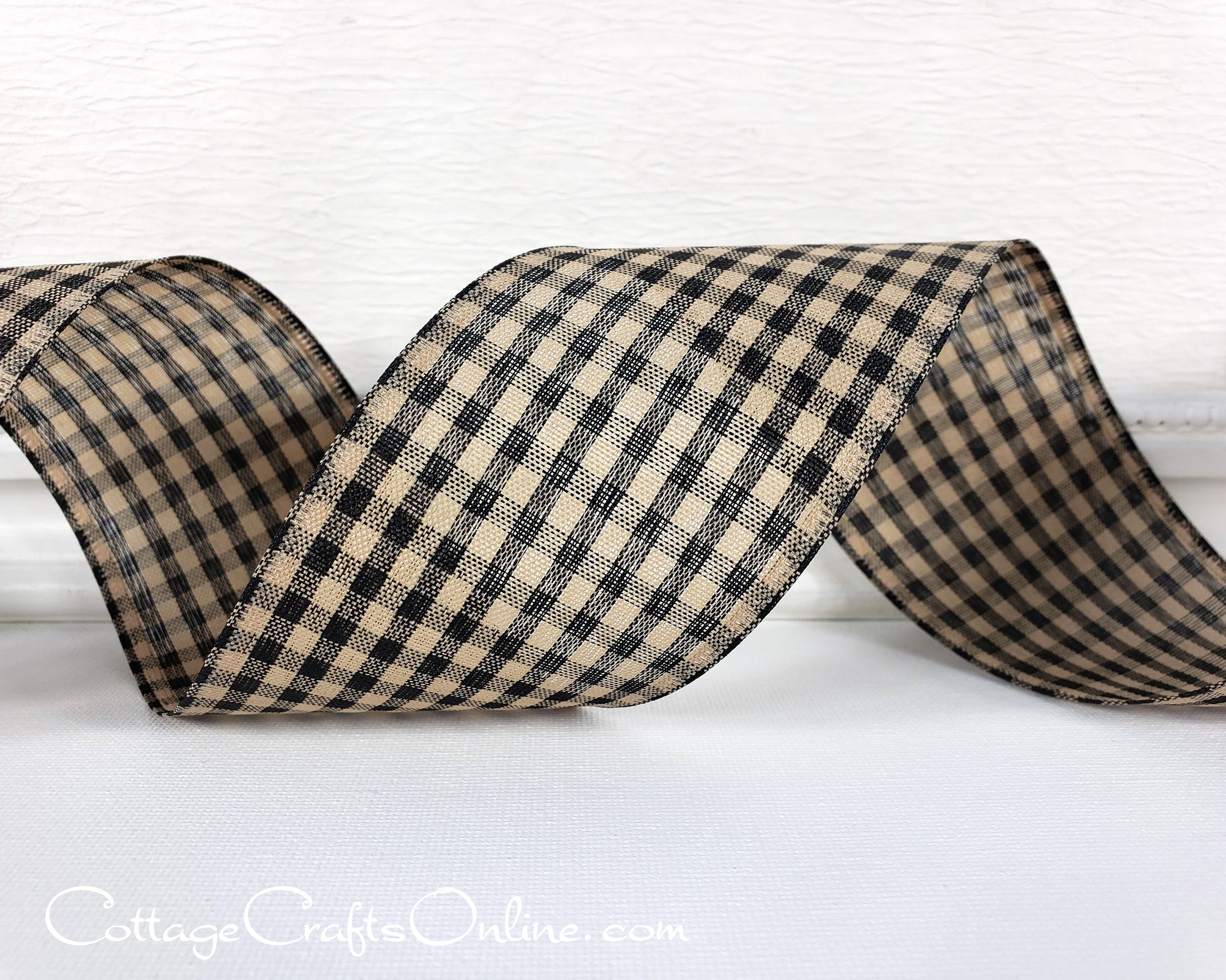 Wired Ribbon, 2.5 Wide", Black and Beige Tan Tea Dye Gingham Check ...