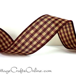 THREE YARDS, Wired Ribbon, 1.5, Burgundy and Beige Tan Gingham Check ...