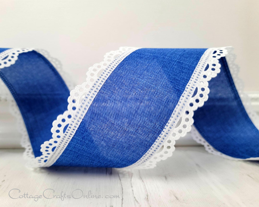Royal Blue Wired Ribbon, 2.5" Wide, White Scalloped Lace Eyelet Edge ...