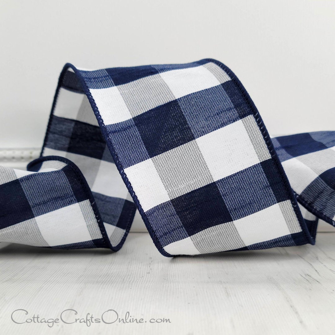 Navy Blue and White Check Faux Silk Dupioni Wired Ribbon, 2.5 Wide, TEN ...
