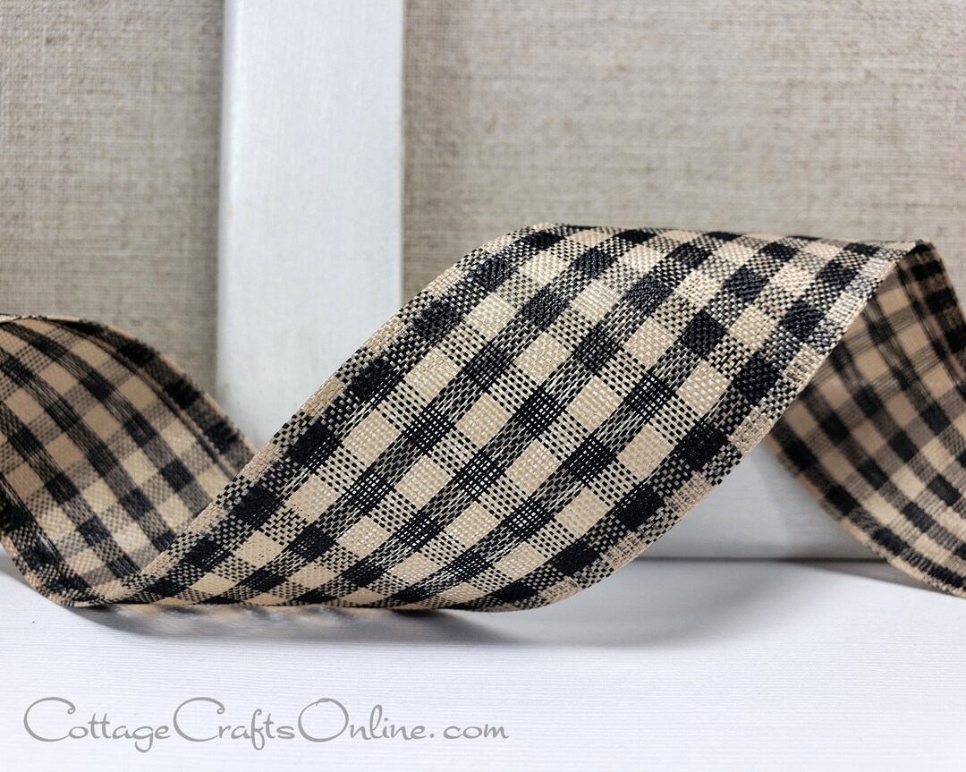 Wired Ribbon, 1.5", Black and Beige Tan Gingham Check - TEN YARD ROLL ...