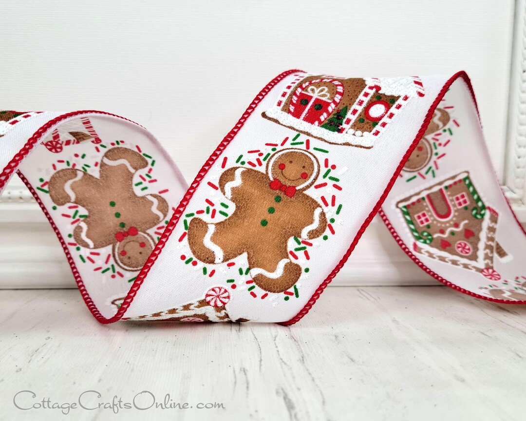 Christmas Wired Ribbon, 2.5", Gingerbread House, Cookie, Glitter - TEN ...
