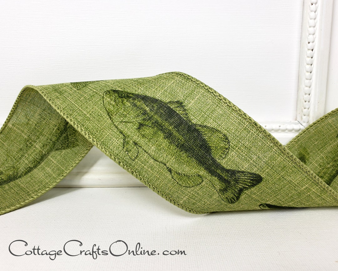 Wired Ribbon, 2 1/2, Fish Print on Moss Green Linen Look TEN YARD ROLL ...
