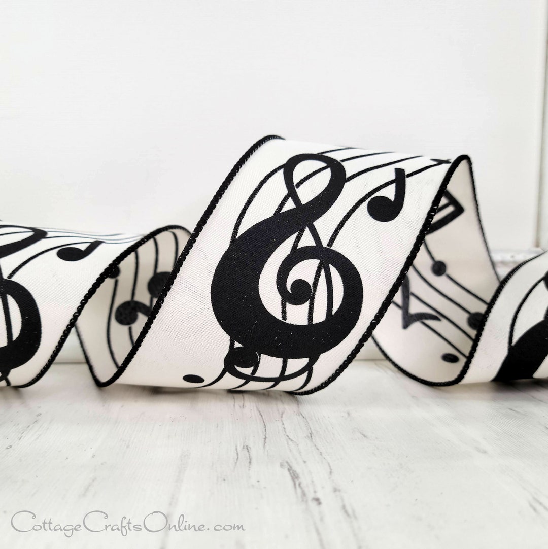 Wired Ribbon, 2.5" Music Notes, Black, Ivory ~ TEN YARD ROLL ~ Perinton ...