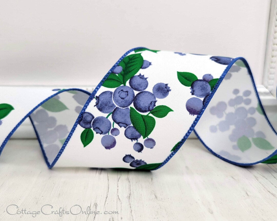 Wired Ribbon, 2.5" Wide, Blue Berries Print on White, TEN YARD ROLL ...