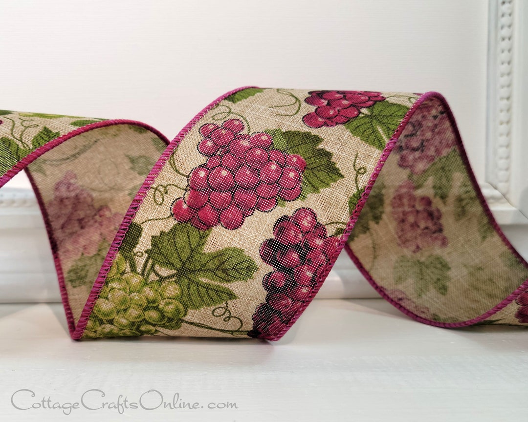 Wired Ribbon, 2.5" Wide, Purple, Green, Burgundy Grapes on Tan, TEN ...