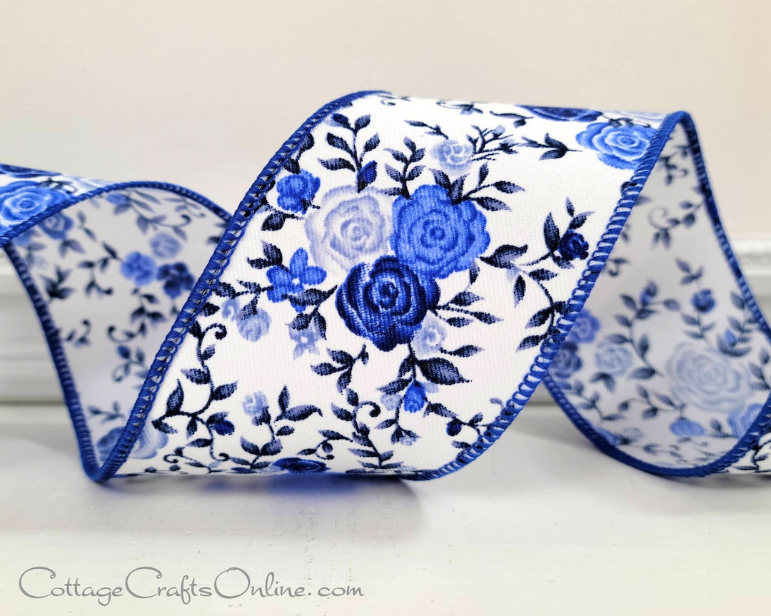 Blue Mini Roses Wired Ribbon, 2.5", Ten Yard Roll, Flowers, Floral ...