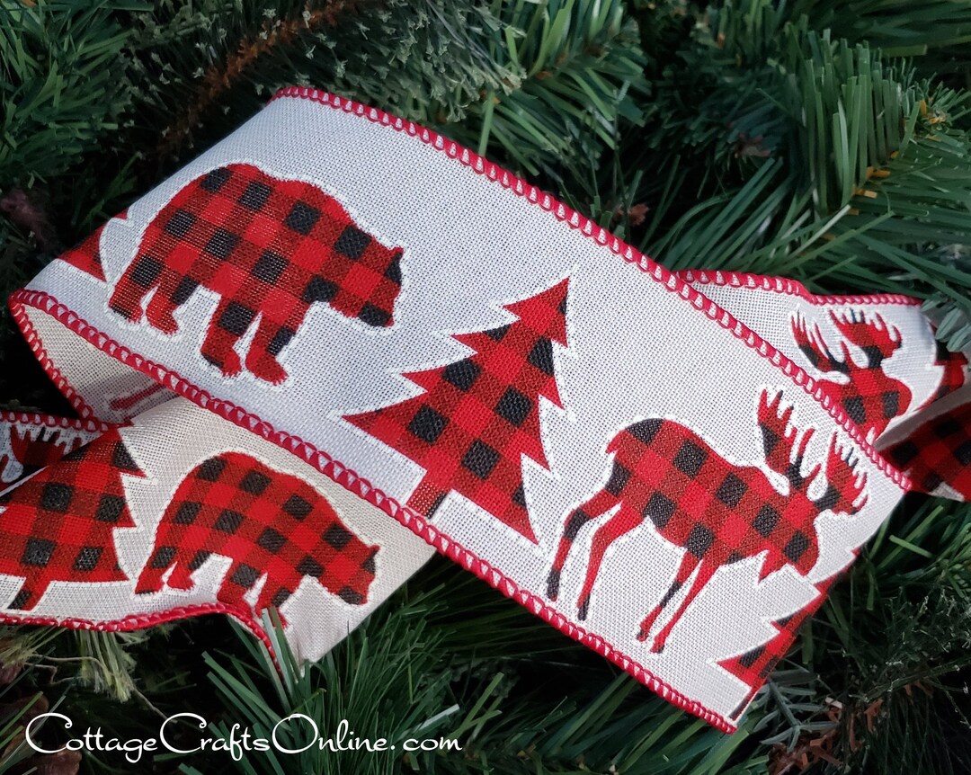 Christmas Wired Ribbon, 2.5", Moose, Tree, Bear Buffalo Plaid on Linen ...