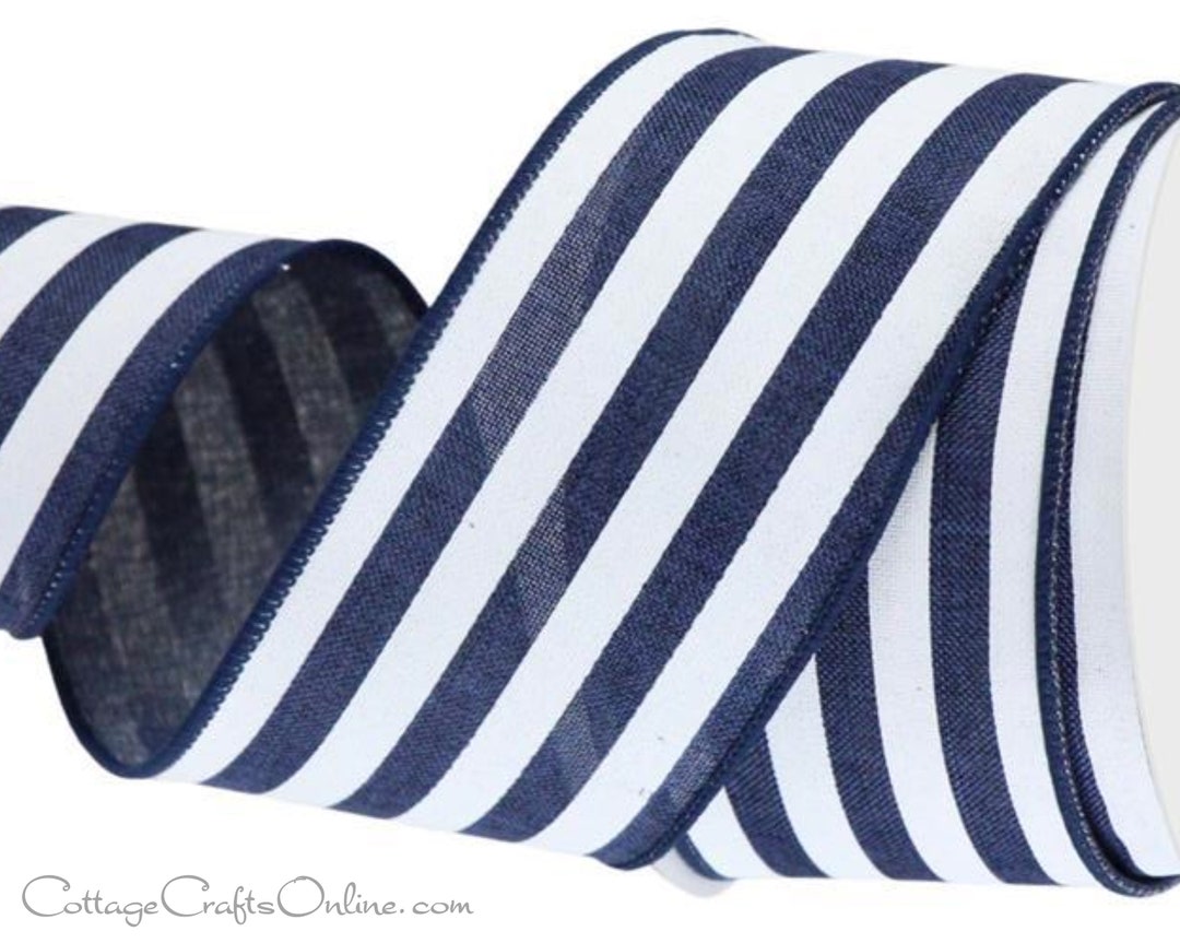 Navy Blue and White Striped Wired Ribbon 2.5 Wide TEN - Etsy