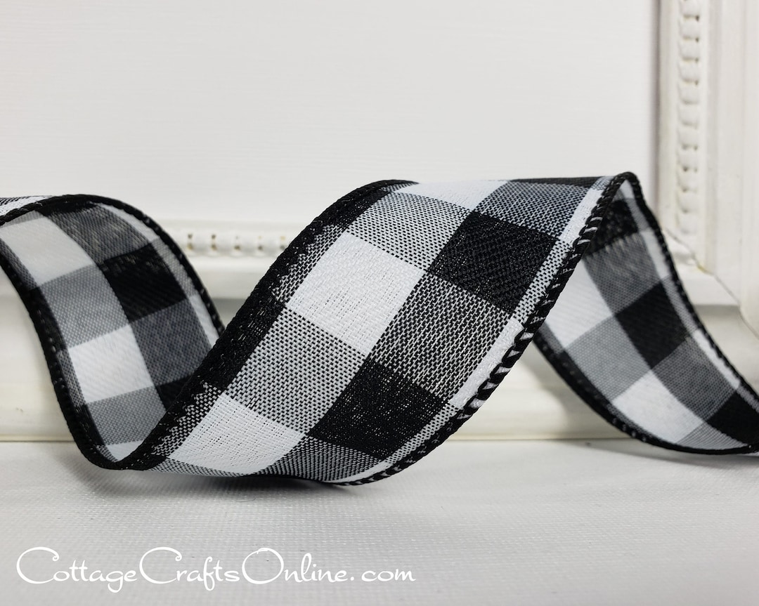 THREE YARDS, Buffalo Plaid Wired Ribbon 1.5" Wide White and Black Check ...