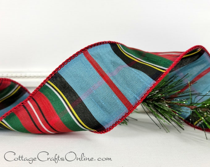 Christmas Wired Ribbon, 2.5" Dusty Blue Red Green Faux Dupioni Tartan ...