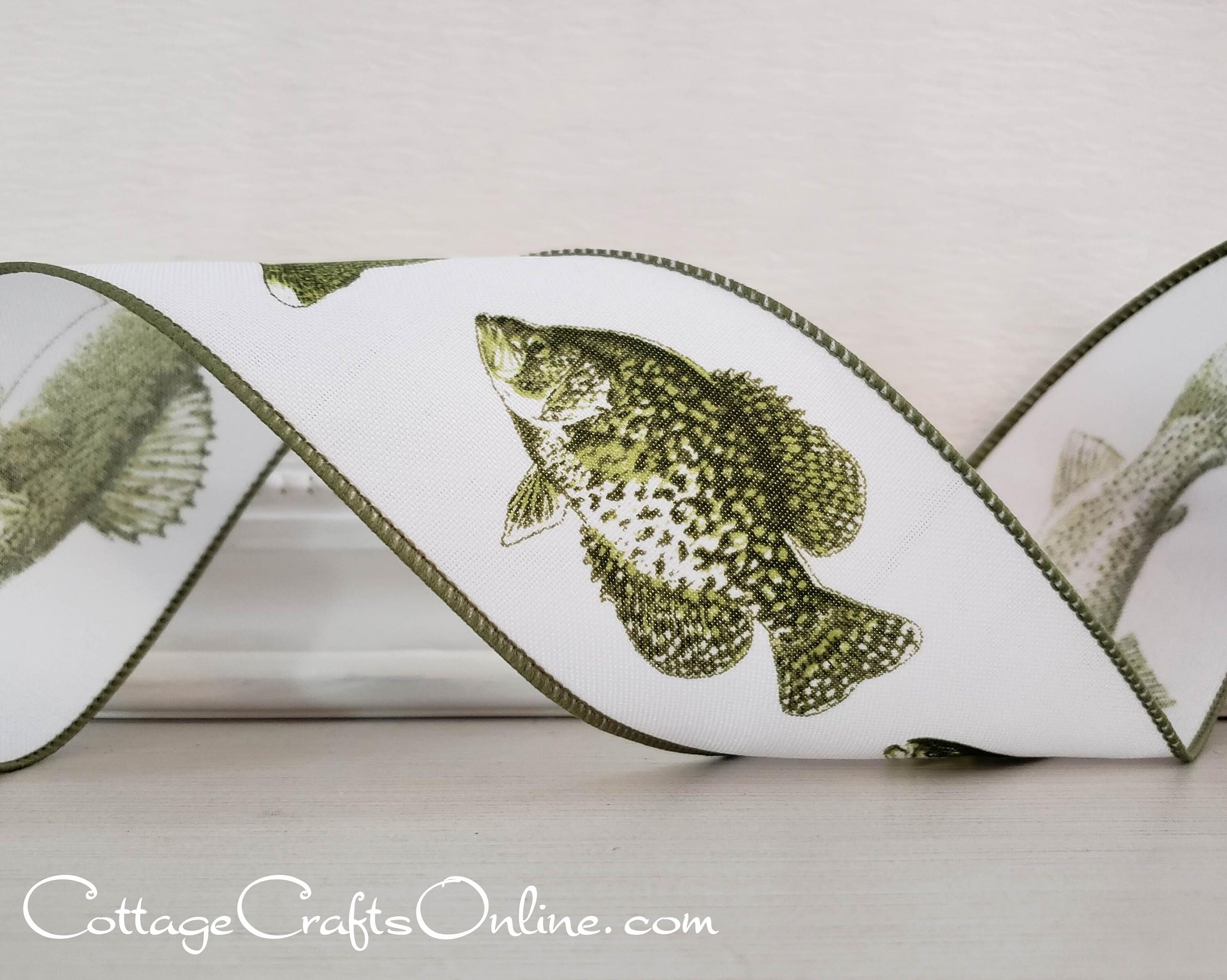 Wired Ribbon 2 1/2 wide Green Fish Print on White | Etsy