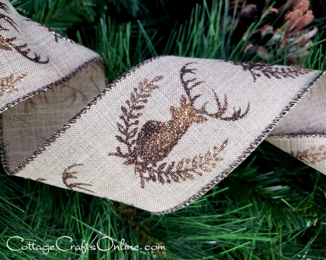D. Stevens Christmas Wired Ribbon, 2.5", Gold, Copper Deer Print, Linen ...