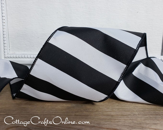 Wired Ribbon, 4" Wide, Black and White Stripe - TEN YARD ROLL ~ Wide ...