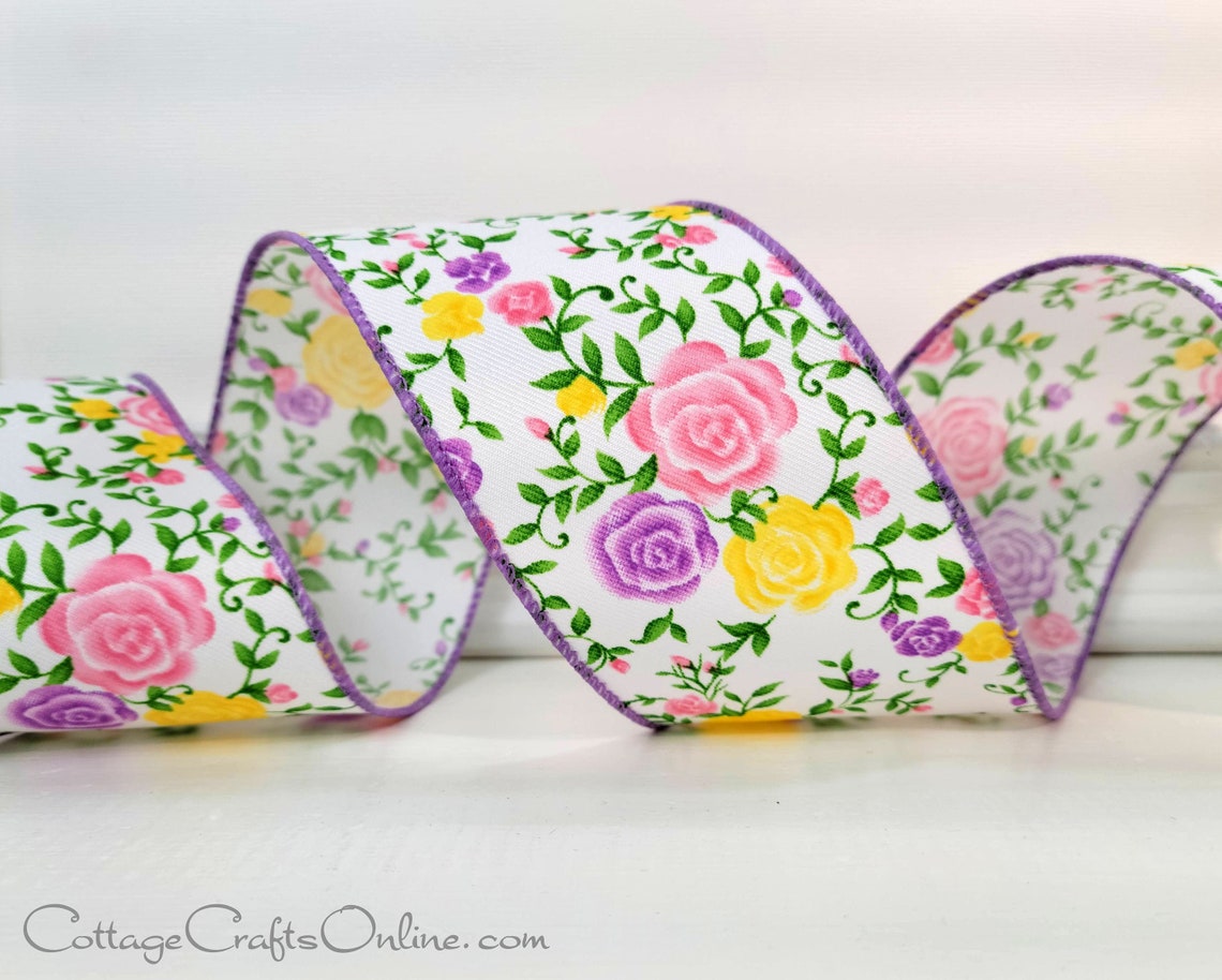 Wired Ribbon, 2.5", Lavender, Yellow, Pink Mini Rose Flower Bouquet ...