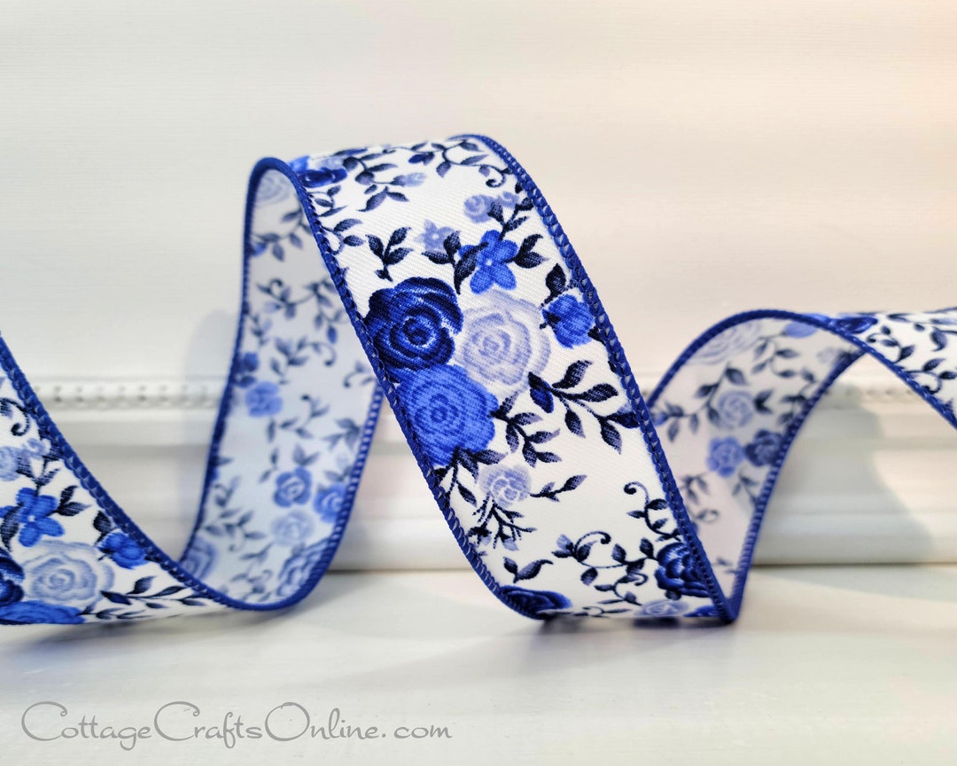 Blue Mini Roses Wired Ribbon, 1.5" Wide, Ten Yard Roll, Flower, Floral ...