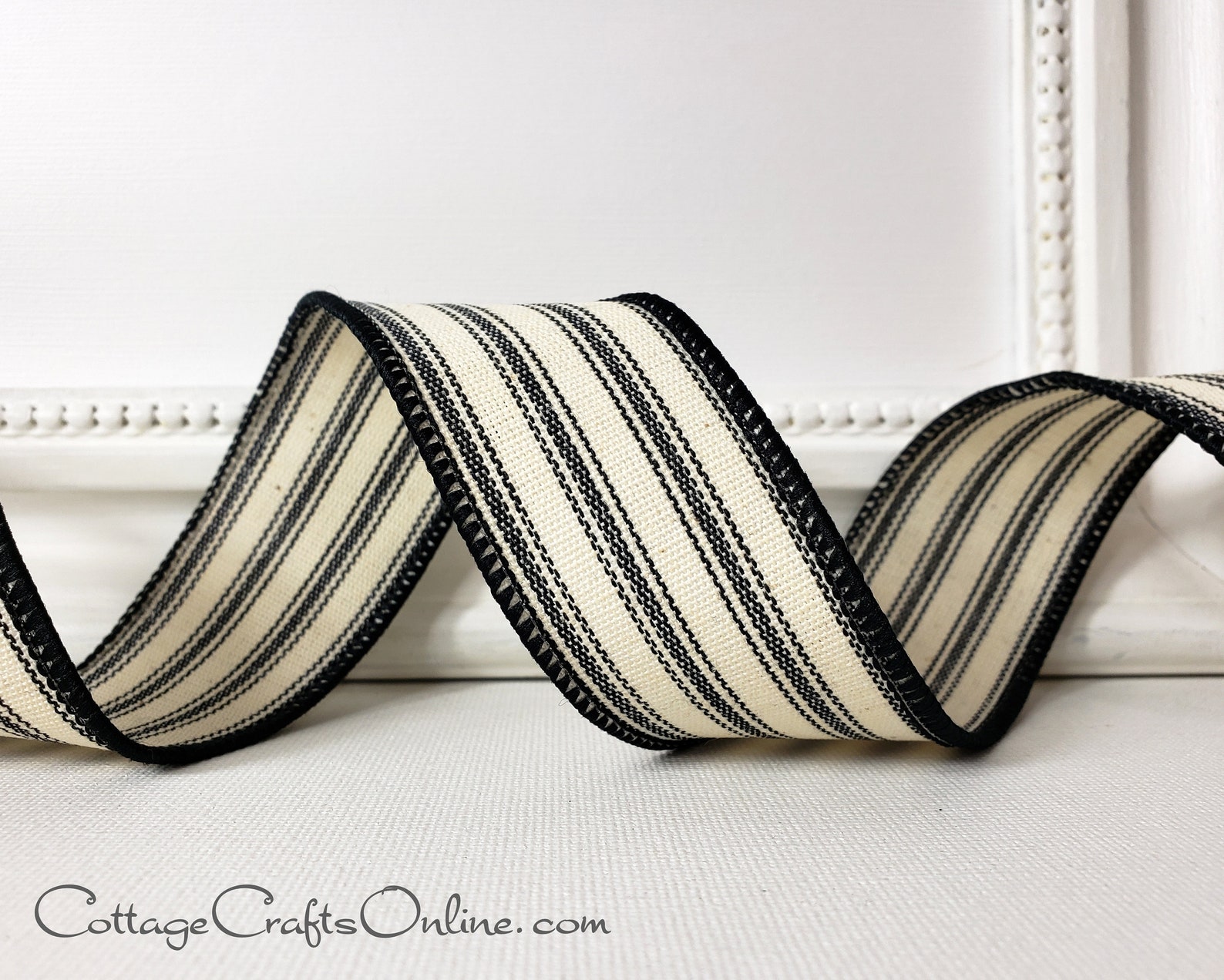 Wired Ribbon 1 1/2 wide Black and Ivory White Ticking | Etsy